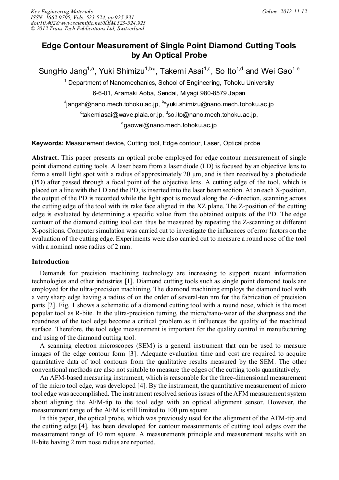 Edge Contour Measurement of Single Point Diamond Cutting Tools by an ...