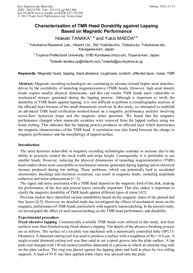 Characterization of TMR Head Durability against Lapping Based on ...