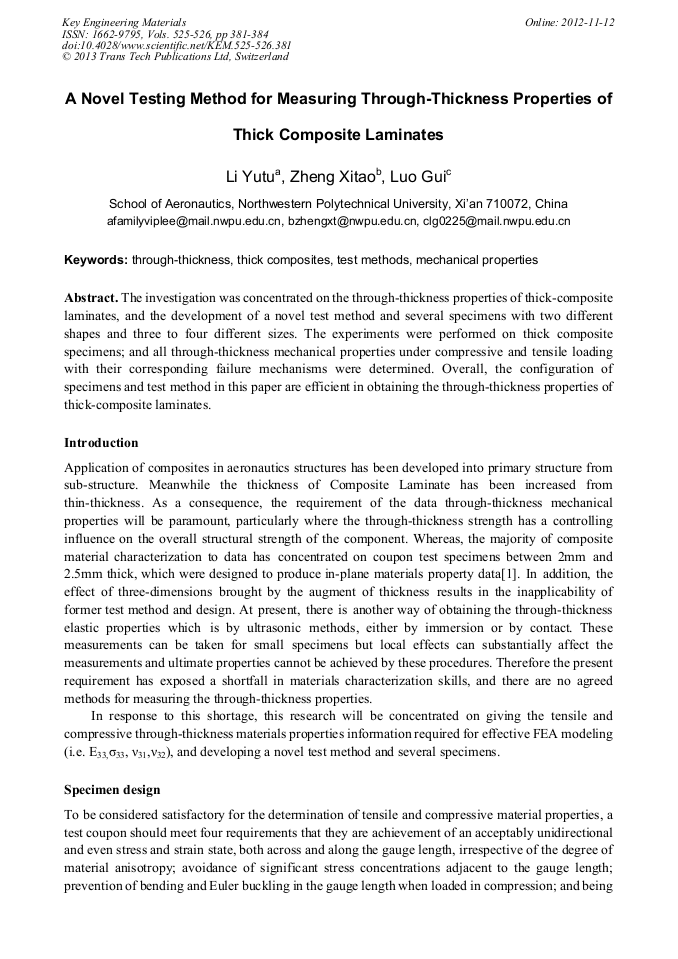 A Novel Testing Method for Measuring Through-Thickness Properties of ...