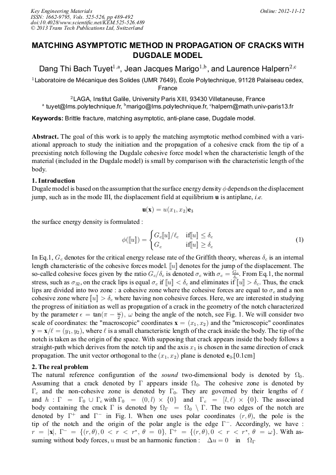Matching Asymptotic Method in Propagation of Cracks with Dugdale Model ...