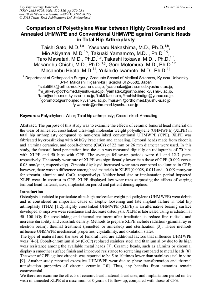Comparison of Polyethylene Wear between Highly Crosslinked and Annealed ...
