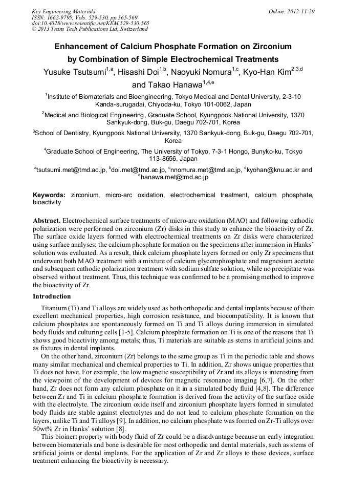 Enhancement of Calcium Phosphate Formation on Zirconium by Combination ...