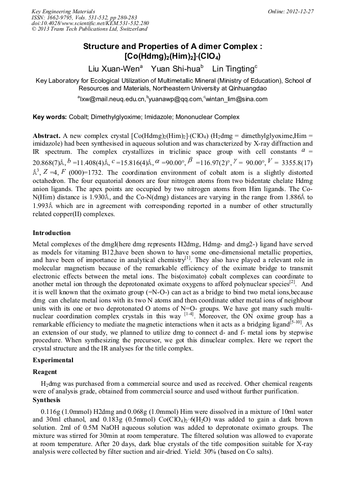 Structure and Properties of a Dimer Complex: [Co(Hdmg)2(Him)2]·(ClO4 ...