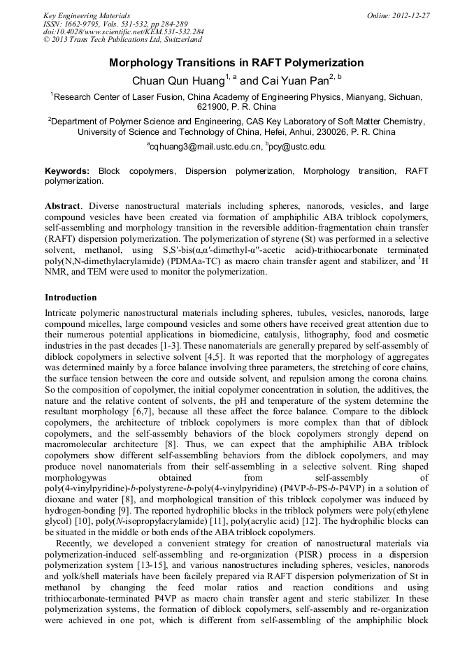 Morphology Transitions in RAFT Polymerization | Scientific.Net