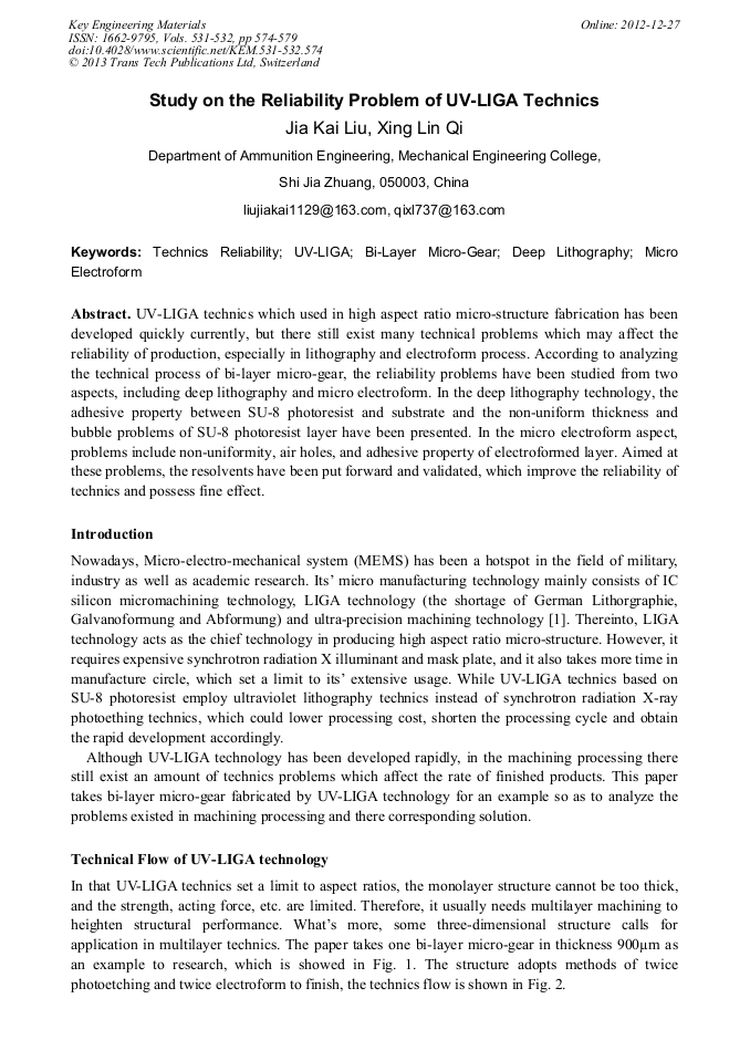 Study on the Reliability Problem of UV-LIGA Technics | Scientific.Net