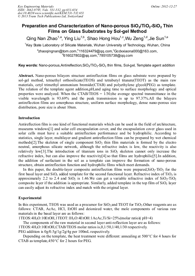 Preparation and Characterization of Nano-Porous SiO2/TiO2-SiO2 Thin ...