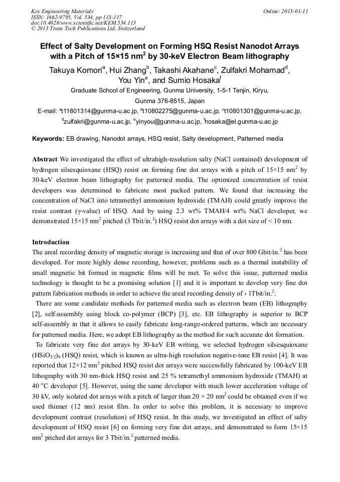 Effect of Salty Development on Forming HSQ Resist Nanodot Arrays with a ...