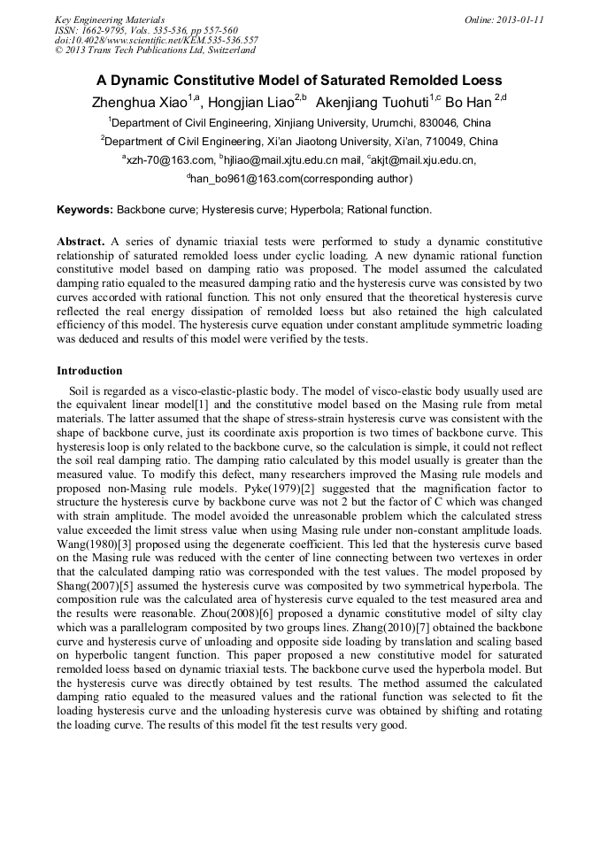 A Dynamic Constitutive Model of Saturated Remolded Loess | Scientific.Net