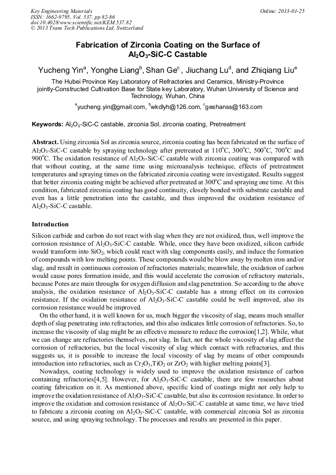 Fabrication of Zirconia Coating on the Surface of Al2O3-SiC-C Castable ...