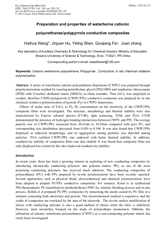 Preparation and Properties of Waterborne Cationic Polyurethanes ...