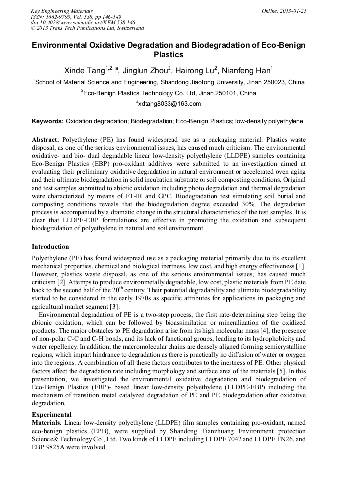 Environmental Oxidative Degradation and Biodegradation of Eco-Benign ...