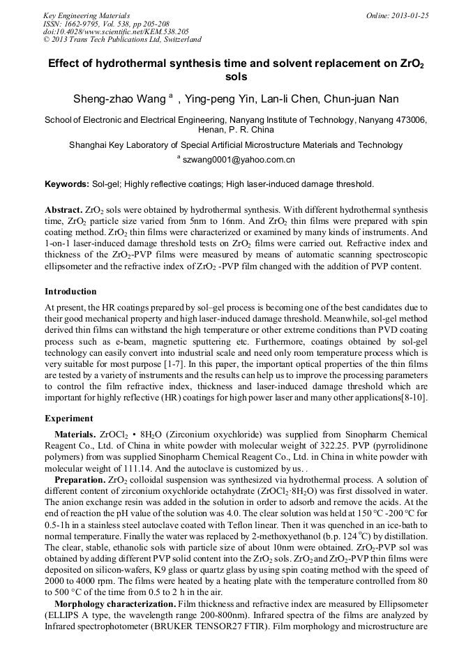Effect of Hydrothermal Synthesis Time and Solvent Replacement on ZrO2 ...