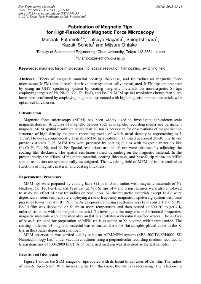 Fabrication of Magnetic Tips for High-Resolution Magnetic Force Microscopy | Scientific.Net