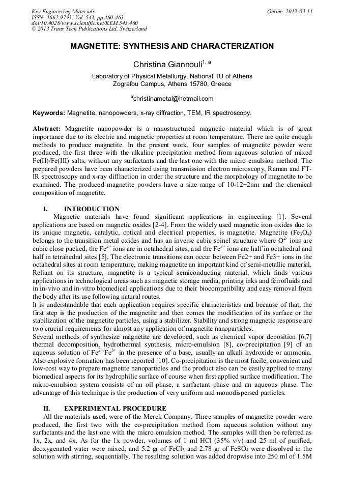 Magnetite: Synthesis and Characterization | Scientific.Net