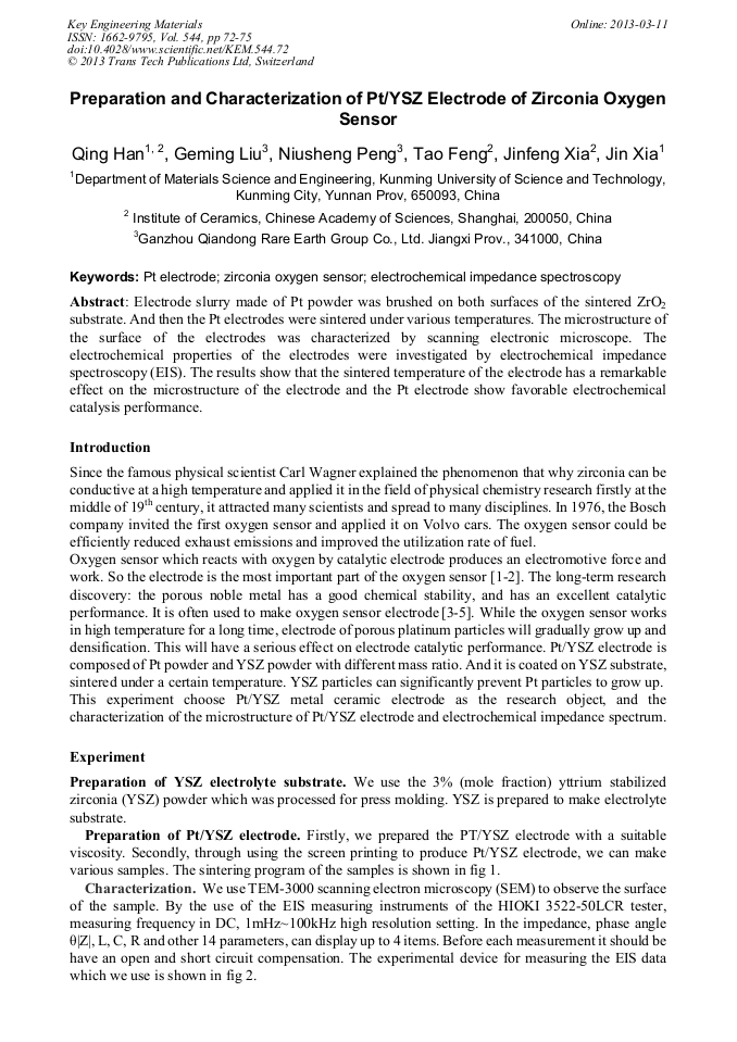 Preparation and Characterization of Pt/YSZ Electrode of Zirconia Oxygen ...