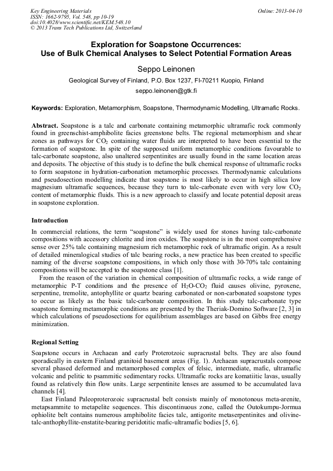 Exploration for Soapstone Occurrences: Use of Bulk Chemical Analyses to ...