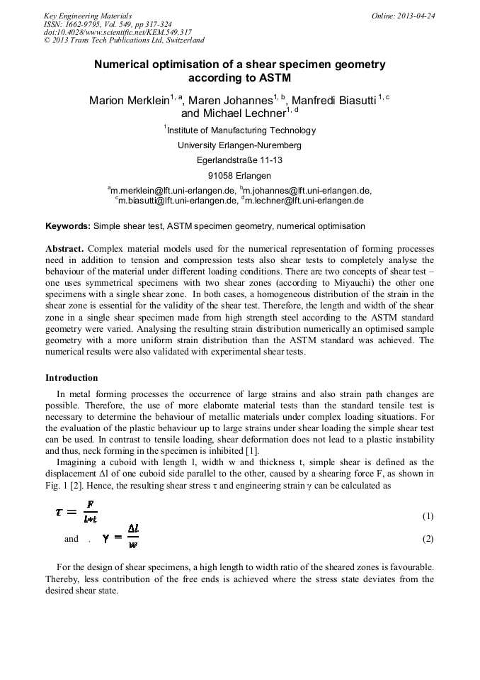 Numerical Optimisation of a Shear Specimen Geometry According to ASTM ...