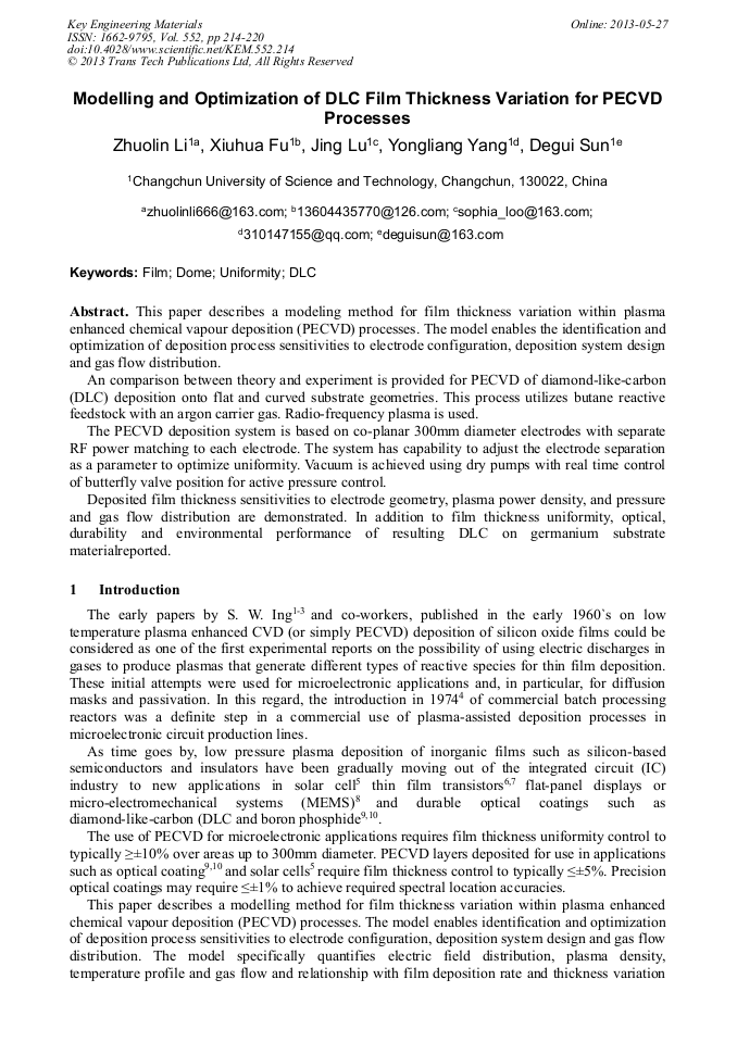 Modelling and Optimization of DLC Film Thickness Variation for PECVD ...