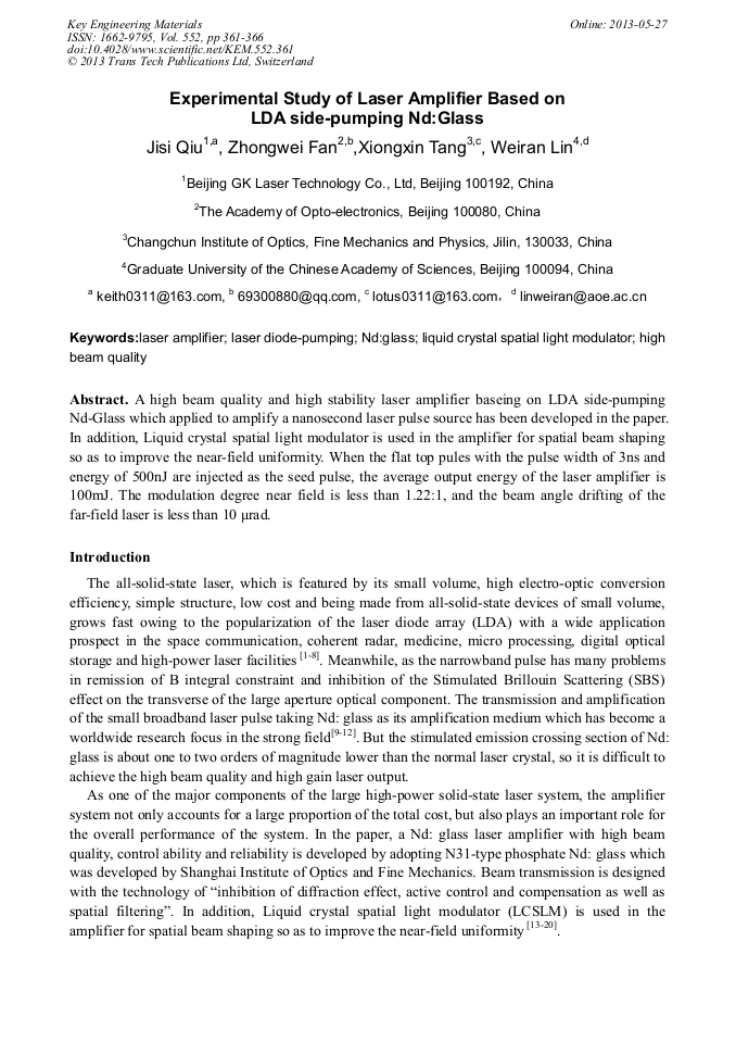 Experimental Study of Laser Amplifier Based on LDA Side-Pumping Nd ...