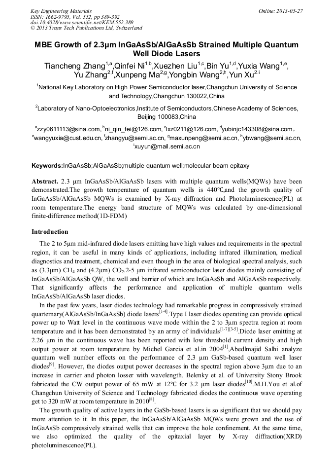 MBE Growth of 2.3μm InGaAsSb/AlGaAsSb Strained Multiple Quantum Well ...