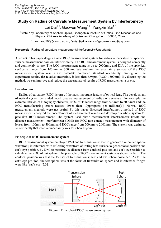 Study on Radius of Curvature Measurement System by Interferometry ...