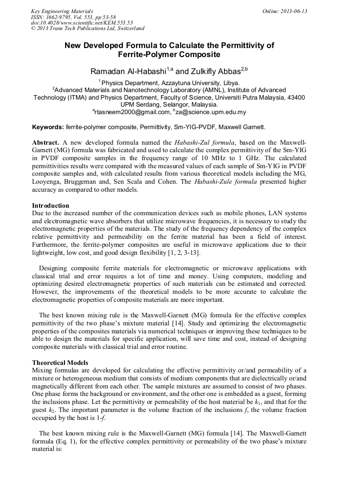 New Developed Formula to Calculate the Permittivity of Ferrite-Polymer ...