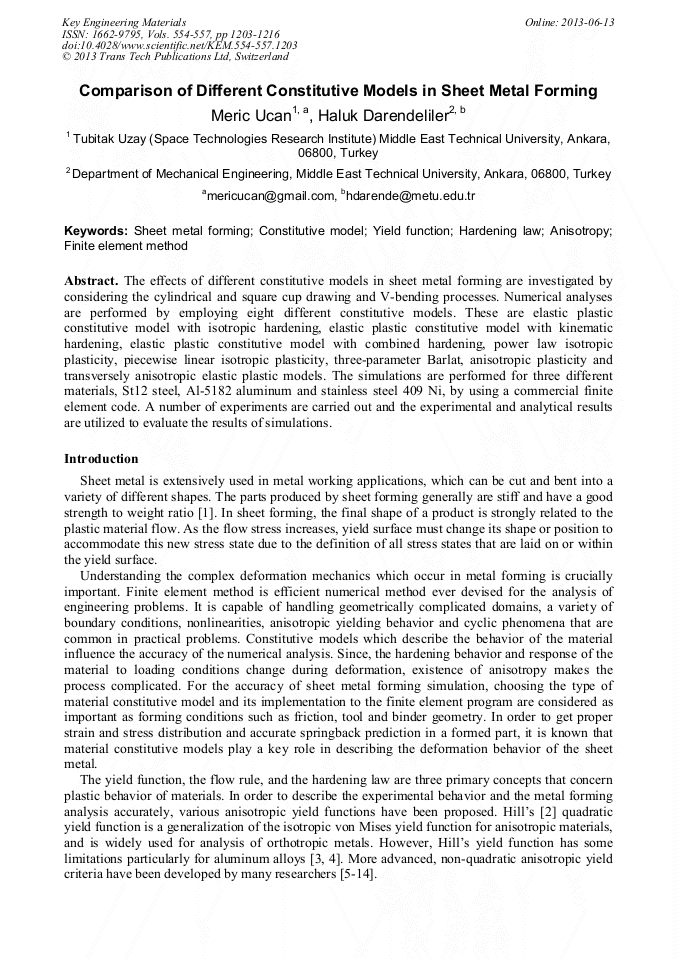 Comparison of Different Constitutive Models in Sheet Metal Forming ...