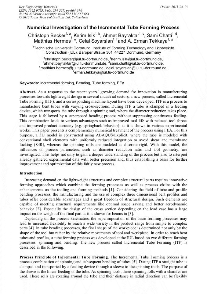 Numerical Investigation of the Incremental Tube Forming Process ...