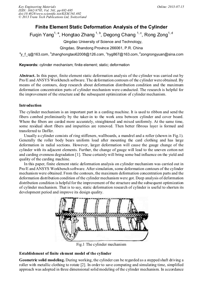 Finite Element Static Deformation Analysis of the Cylinder | Scientific.Net