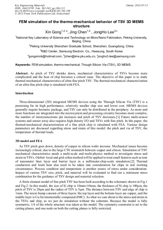 FEM Simulation of the Thermo-Mechanical Behavior of TSV 3D MEMS ...
