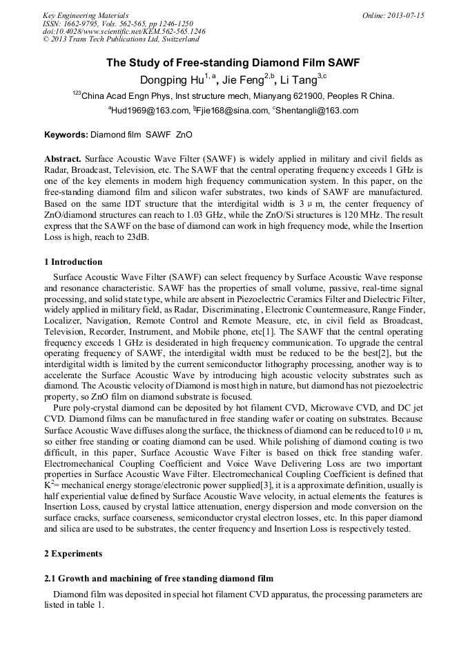 The Study of Free-Standing Diamond Film SAWF | Scientific.Net