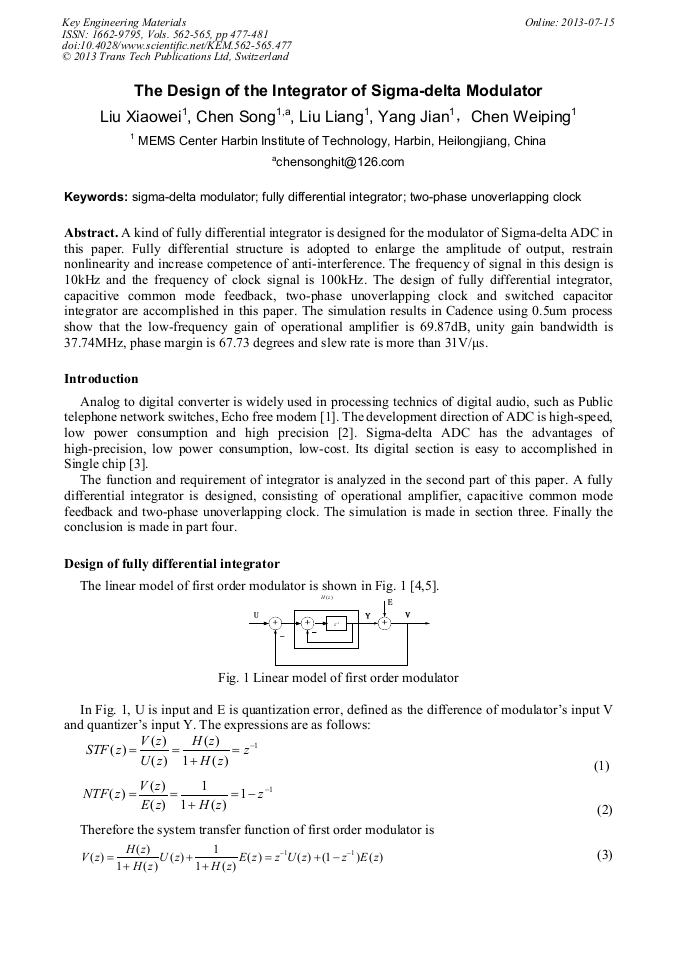 The Design of the Integrator of Sigma-Delta Modulator | Scientific.Net