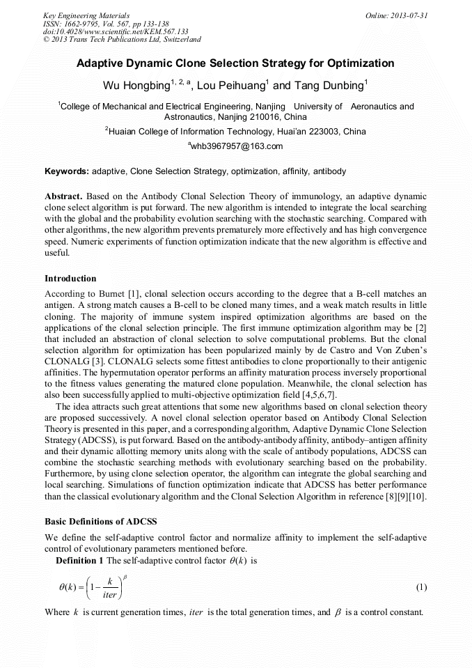 Adaptive Dynamic Clone Selection Strategy for Optimization | Scientific.Net