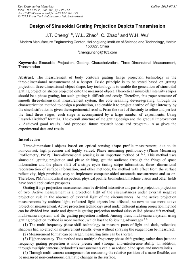 Design of Sinusoidal Grating Projection Depicts Transmission ...