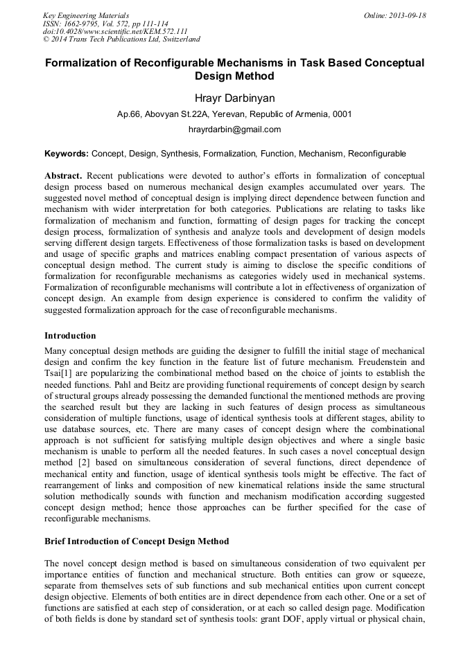 Formalization of Reconfigurable Mechanisms in Task Based Conceptual Design Method | Scientific.Net