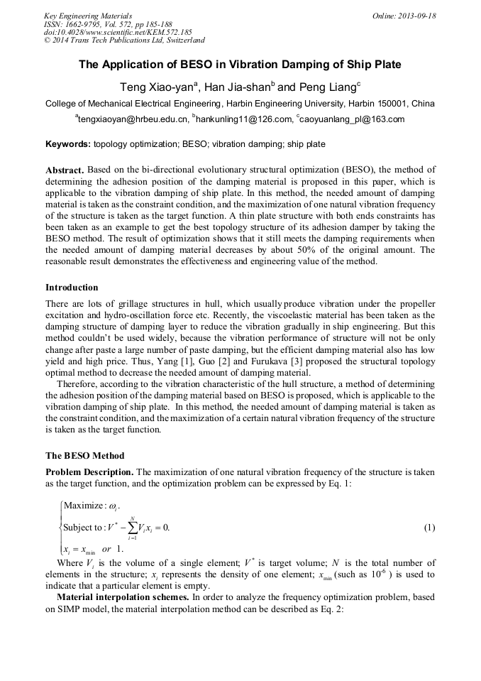The Application of BESO in Vibration Damping of Ship Plate | Scientific.Net