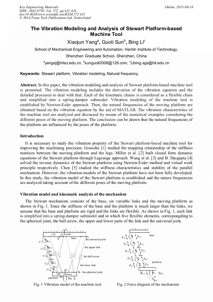 The Vibration Modeling and Analysis of Stewart Platform-Based Machine Tool | Scientific.Net