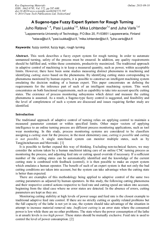 A Sugeno-Type Fuzzy Expert System for Rough Turning | Scientific.Net