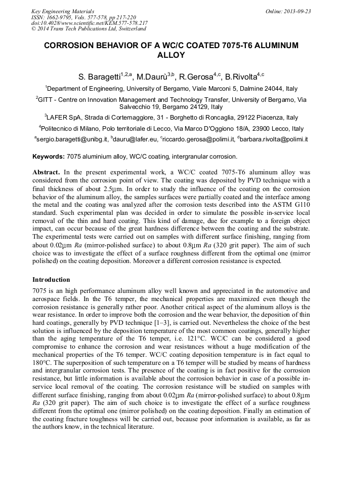 Corrosion Behavior of a WC/C Coated 7075-T6 Aluminum Alloy | Scientific.Net