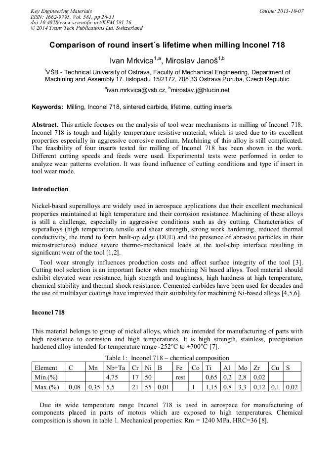 Comparison of Round Insert's Lifetime when Milling Inconel 718 ...
