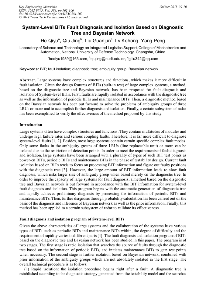 System-Level BITs Fault Diagnosis and Isolation Based on Diagnostic Tree and Bayesian Network ...