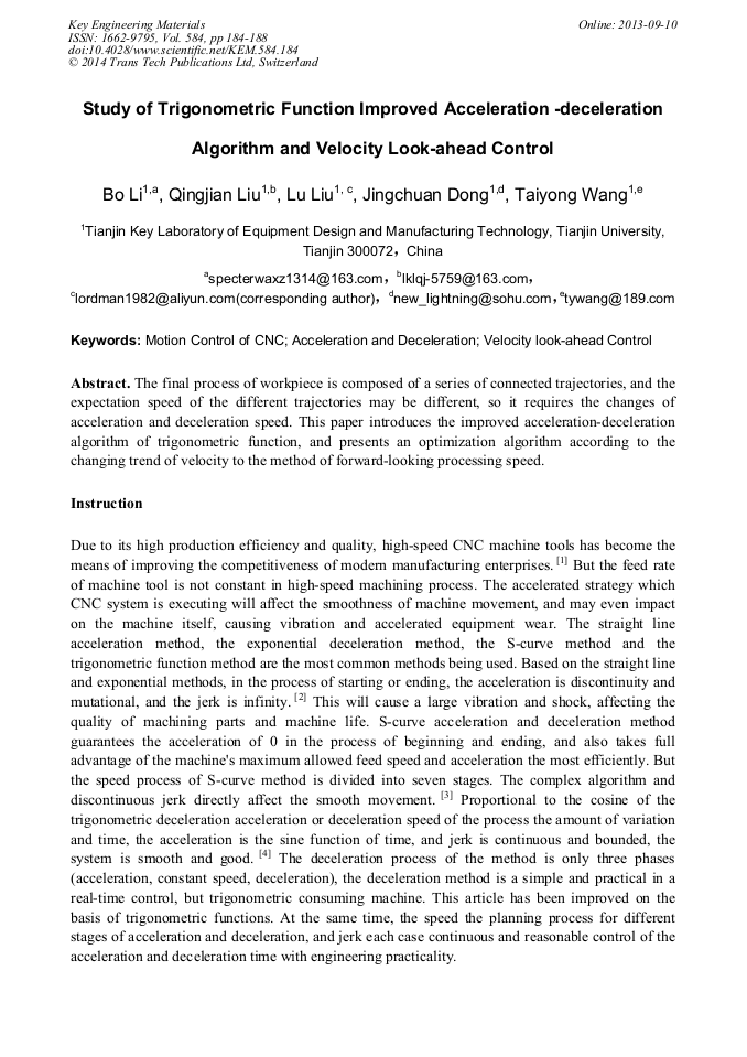 Study of Trigonometric Function Improved Acceleration-Deceleration Algorithm and Velocity Look ...