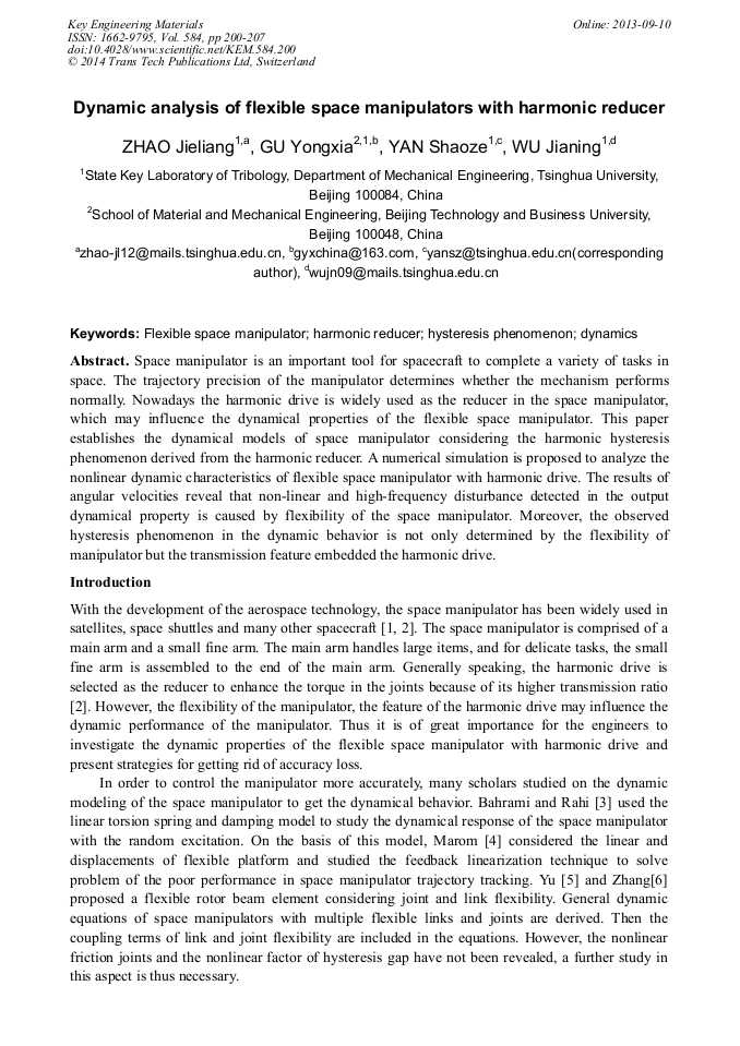 Dynamic Analysis of Flexible Space Manipulators with Harmonic Reducer | Scientific.Net