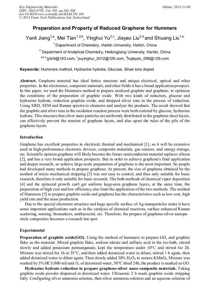 Preparation and Property of Reduced Graphene for Hummers | Scientific.Net