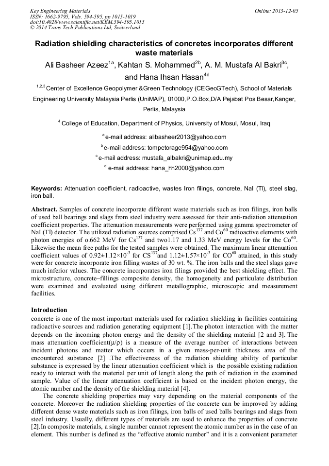 Radiation Shielding Characteristics of Concretes Incorporates Different ...