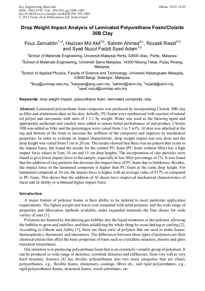 Drop Weight Impact Analysis of Laminated Polyurethane Foam/Cloisite 30B ...