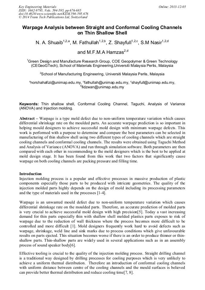 Warpage Analysis between Straight and Conformal Cooling Channels on Thin Shallow Shell ...