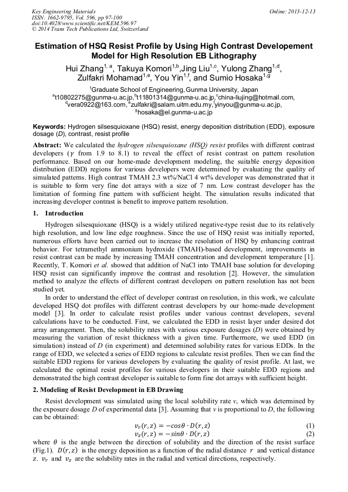 Estimation of HSQ Resist Profile by Using High Contrast Developement ...