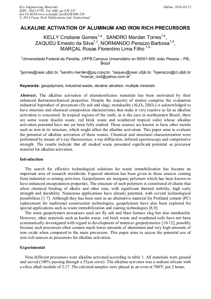Alkaline Activation of Aluminum and Iron Rich Precursors | Scientific.Net