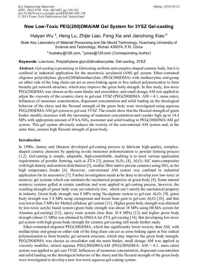 New Low-Toxic PEG(200)DMA/AM Gel System for 3YSZ Gel-Casting ...